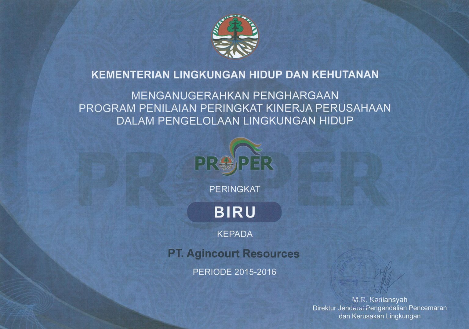 Peringkat Biru PROPER 2016 - Agincourt Resources