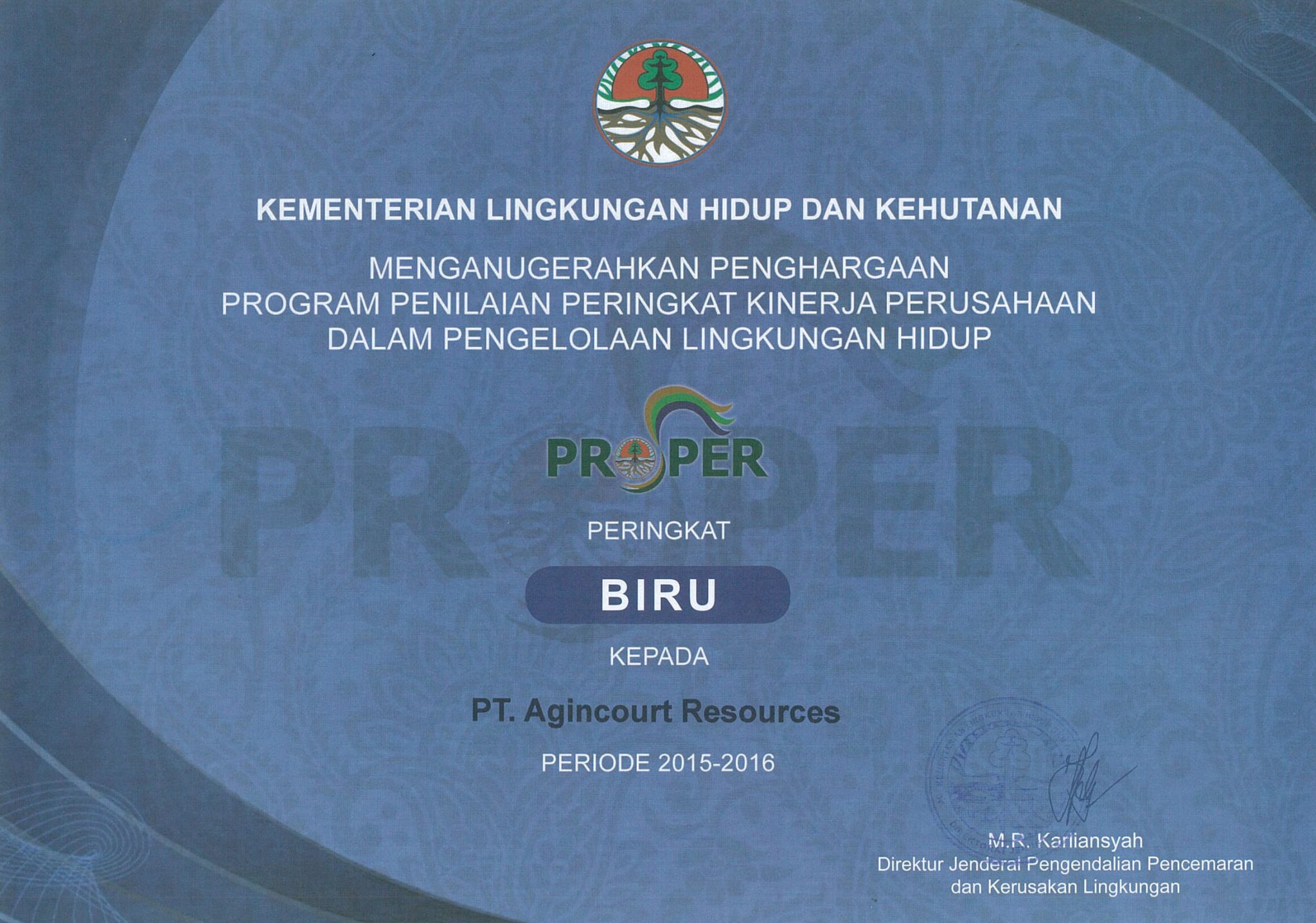 Peringkat Biru PROPER 2016 - Agincourt Resources