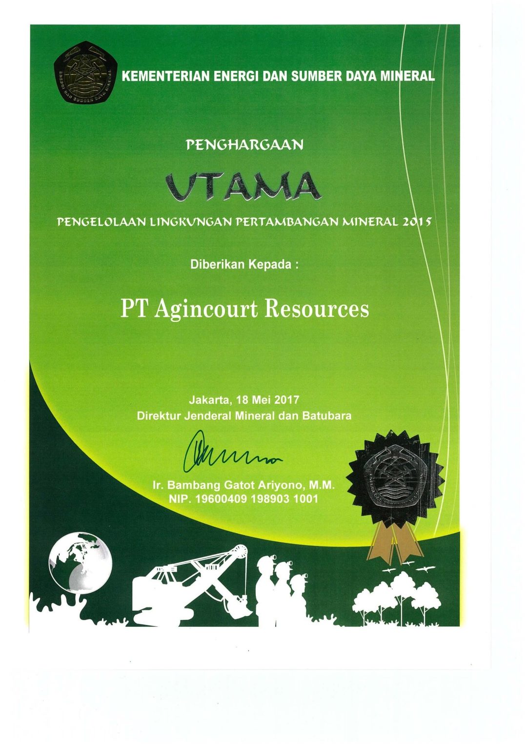 Penghargaan Pengelolaan Keselamatan dan Lingkungan 2015 - Agincourt Resources